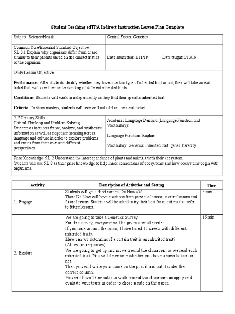 Student Teaching Edtpa Indirect Instruction Lesson Plan Template | PDF ...