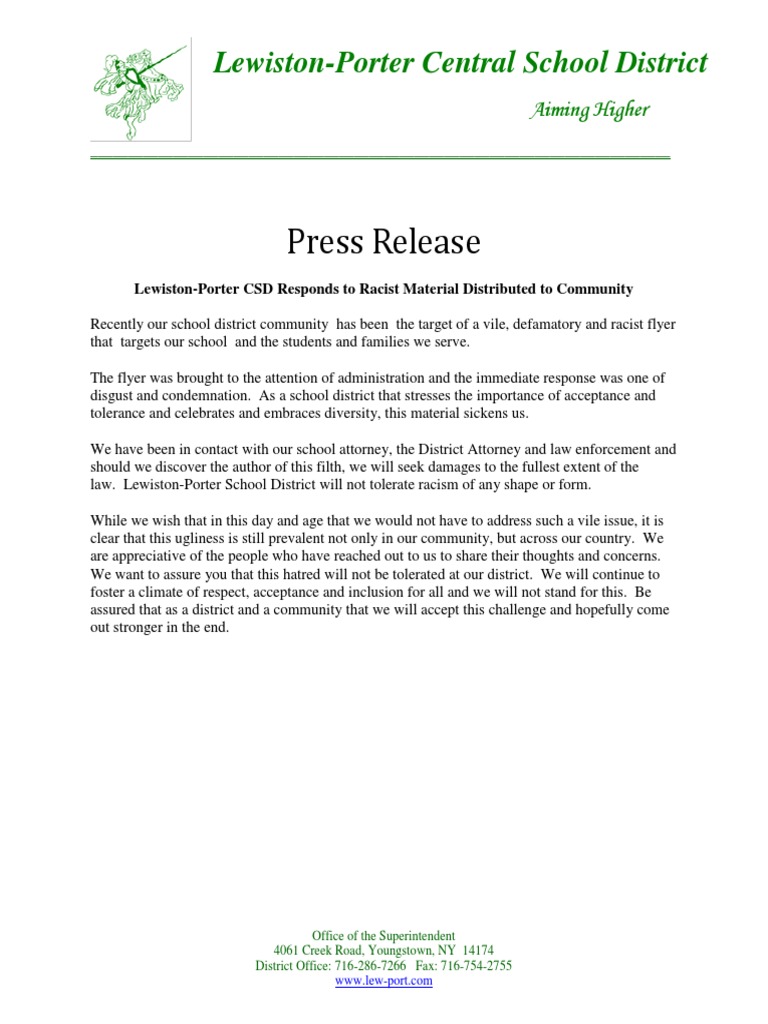Lewiston-Porter CSD Press Release | PDF