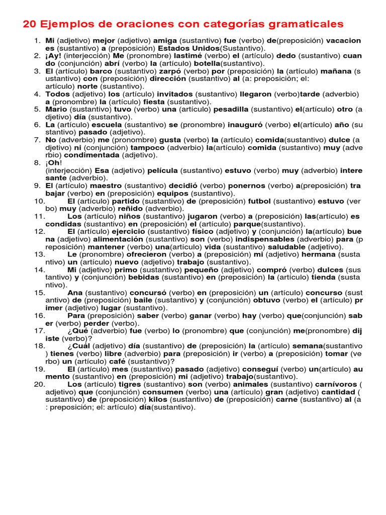 20 Ejemplos de Oraciones Con Categorías Gramaticales | Sustantivo ...