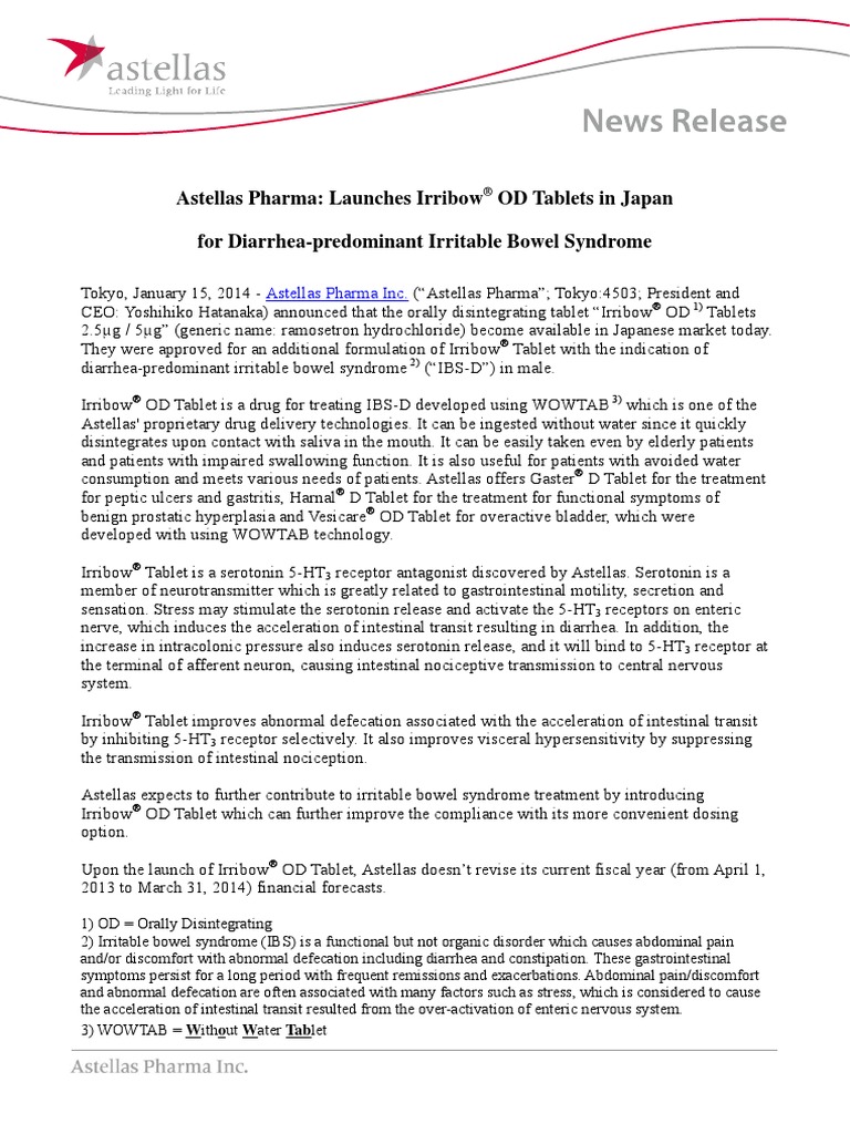 Astellas Pharma: Launches Irribow OD Tablets in Japan For Diarrhea ...