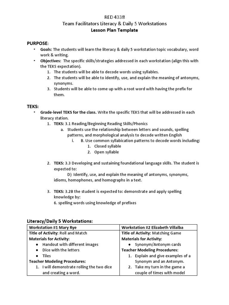 Lesson Plan Template Purpose: RED 4338 Team Facilitators Literacy ...