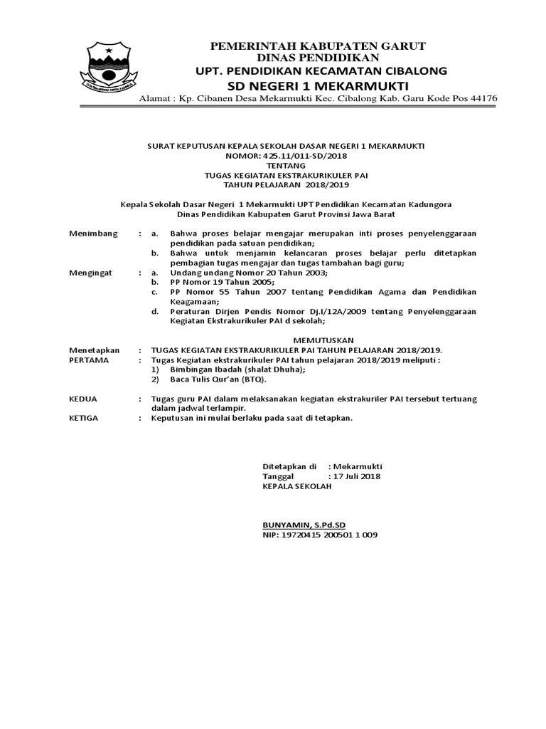 Contoh SK Dan Program Kegiatan Ekstrakurikuler PAI (Pendidikan Agama ...