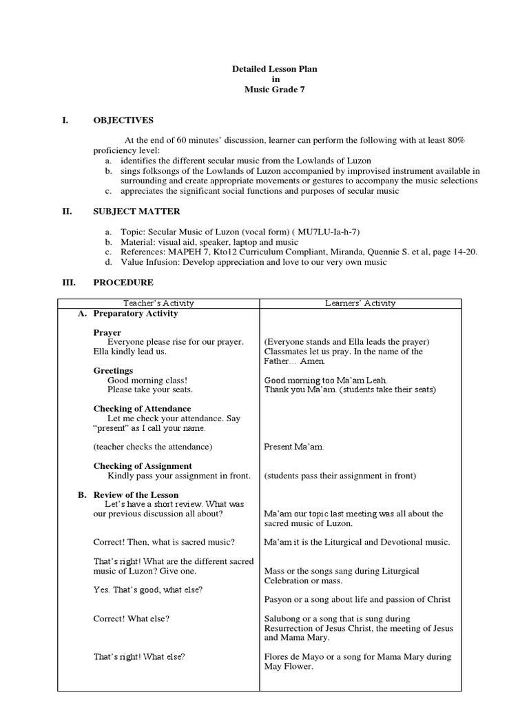 Detailed Lesson Plan in Music Grade 7 | PDF | Songs | Performing Arts