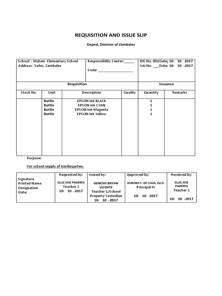 Requisition and Issue Slip: Deped, Division of Zambales | PDF | Magenta ...