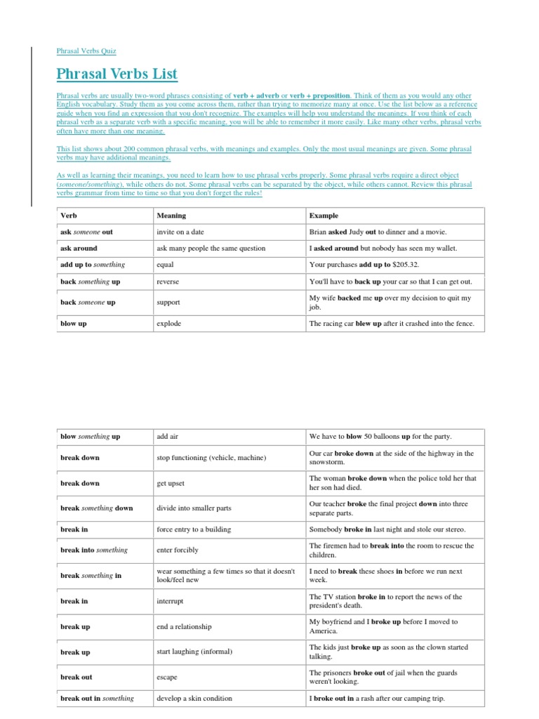 Phrasal Verbs Quiz | PDF | Phrase | Verb