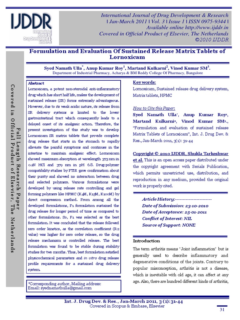 Formulation and Evaluation of Sustained Release Matrix Tablets of Lornoxicam | PDF | Tablet ...