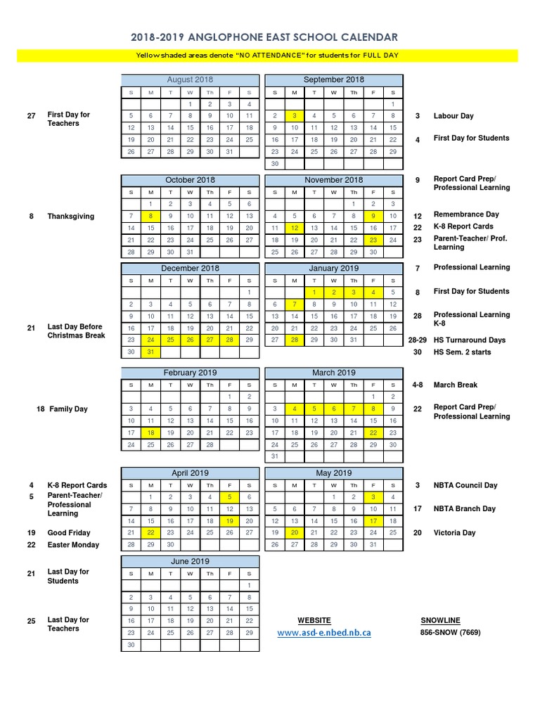 2018-2019 Anglophone East School Calendar: September 2018 | PDF ...