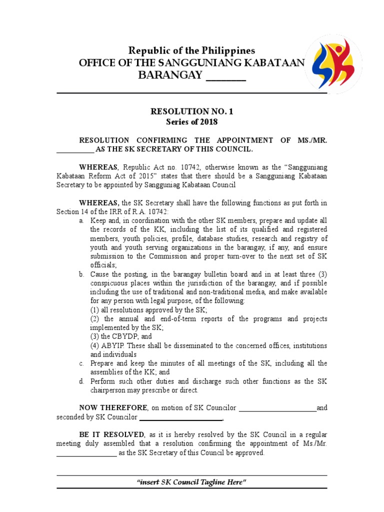 Appointment of [Name] as SK Secretary Confirmed by Resolution of the ...