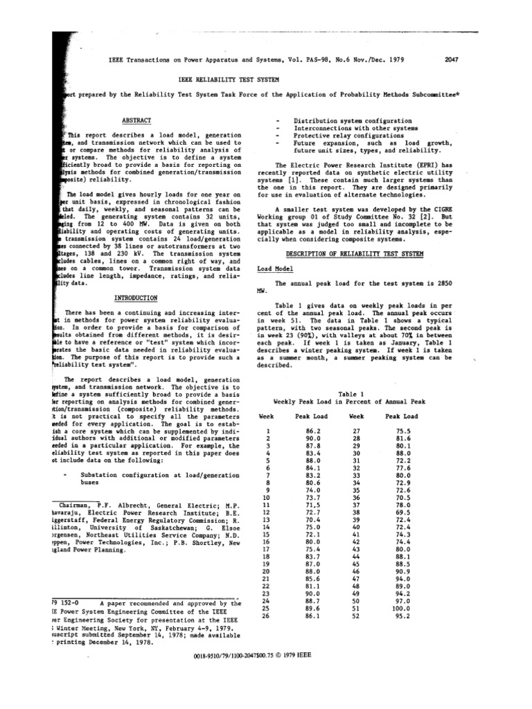 Ieee Reliability Test System. Report Prepared by The Reliability Test ...