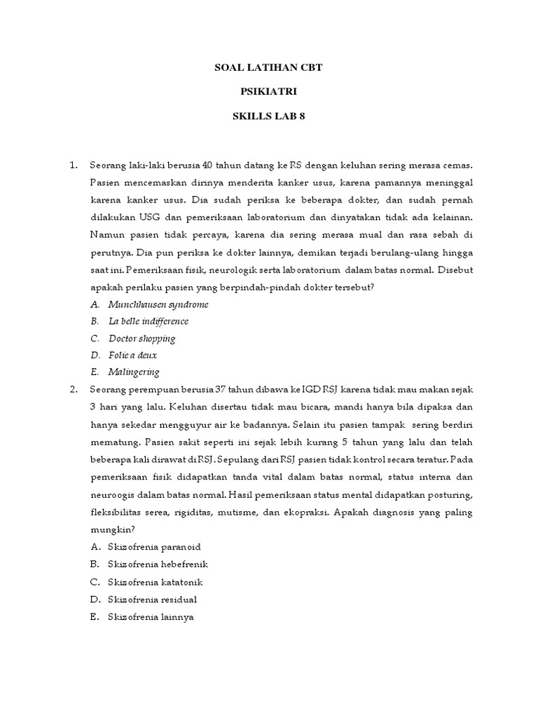Soal Latihan CBT Skills Lab 8 Psikiatri | PDF