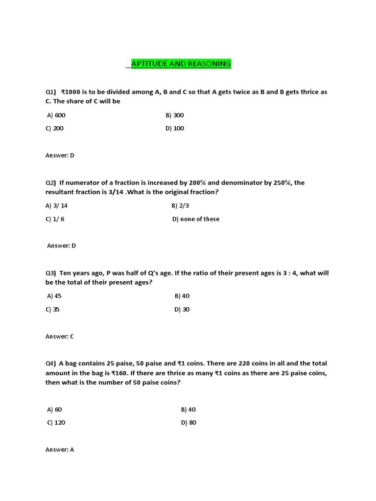 Aptitude and Reasoning Practice Questions | PDF | Fraction (Mathematics ...