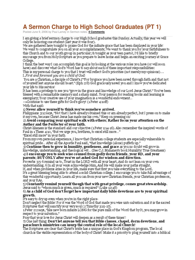 A Sermon Charge To High School Graduates | PDF | Grace In Christianity ...