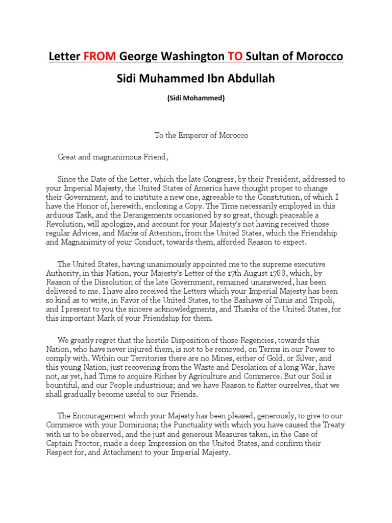 From TO: Letter George Washington Sultan of Morocco Sidi Muhammed Ibn ...