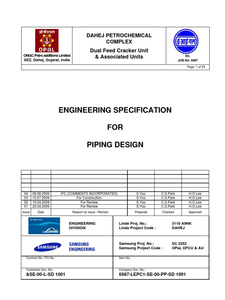 SE-00-L-SD 1001 Engineering Specification For Piping Design | PDF