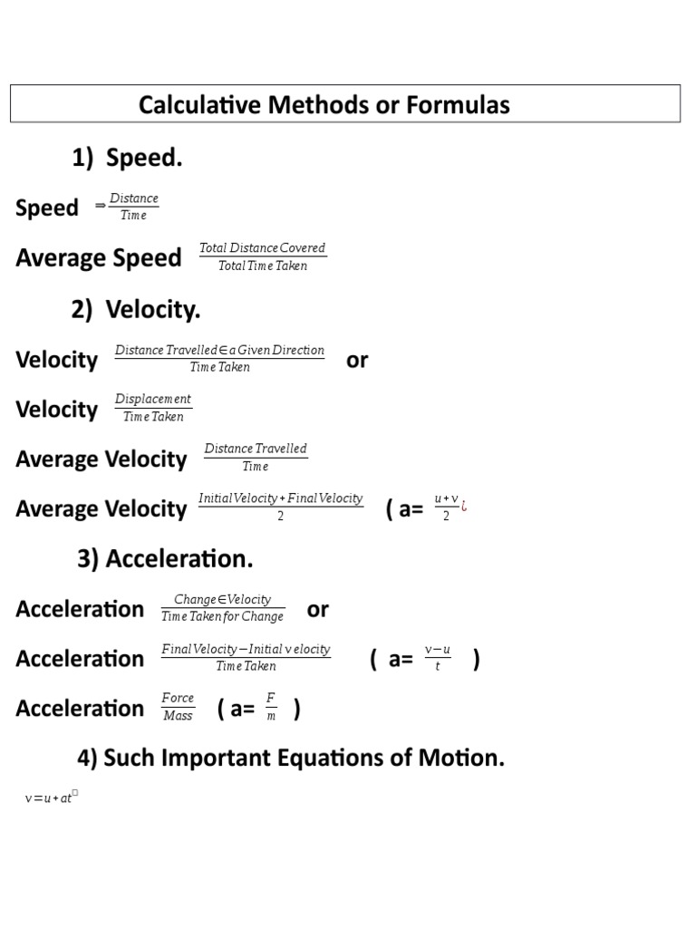 Calculative Methods or Formulas 1) Speed. Average Speed 2) Velocity ...