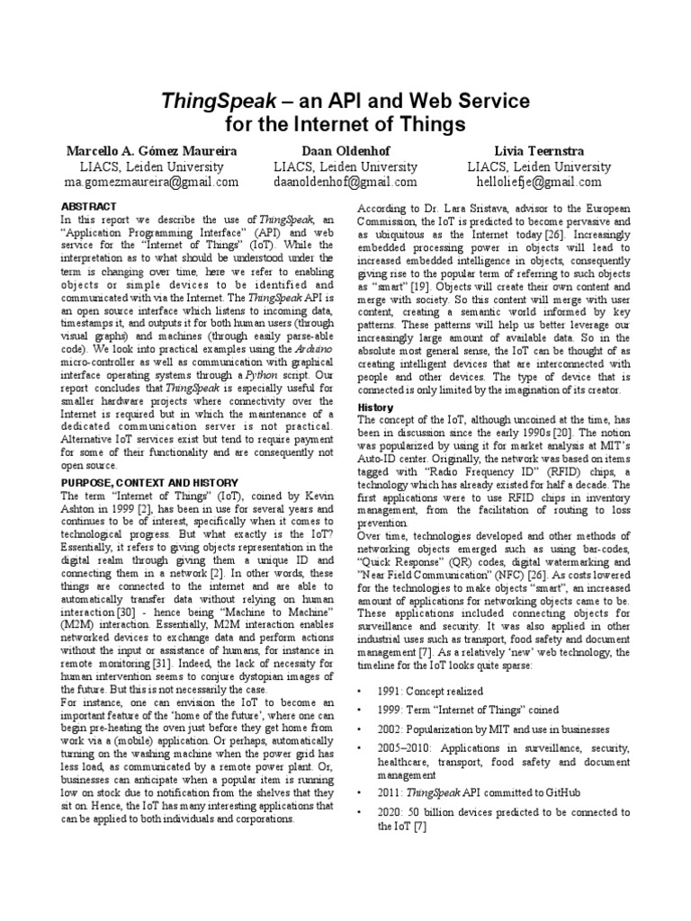Thingspeak - An Api and Web Service: For The Internet of Things | PDF ...