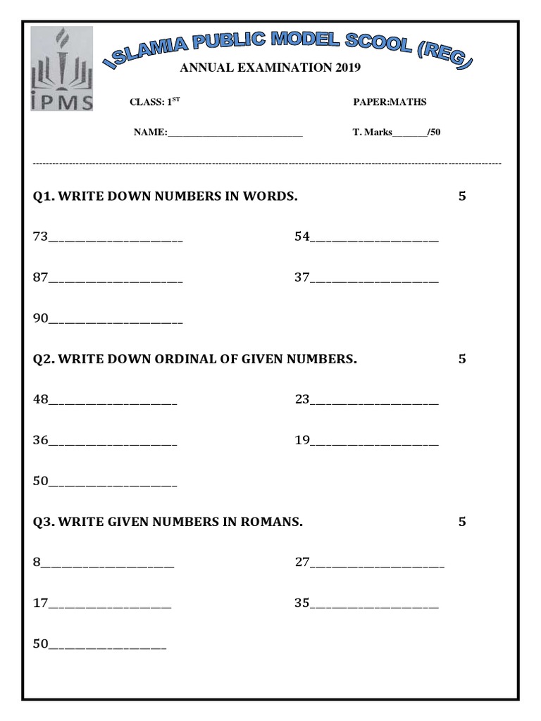 Q1. Write Down Numbers in Words. 5: Annual Examination 2019 | PDF ...