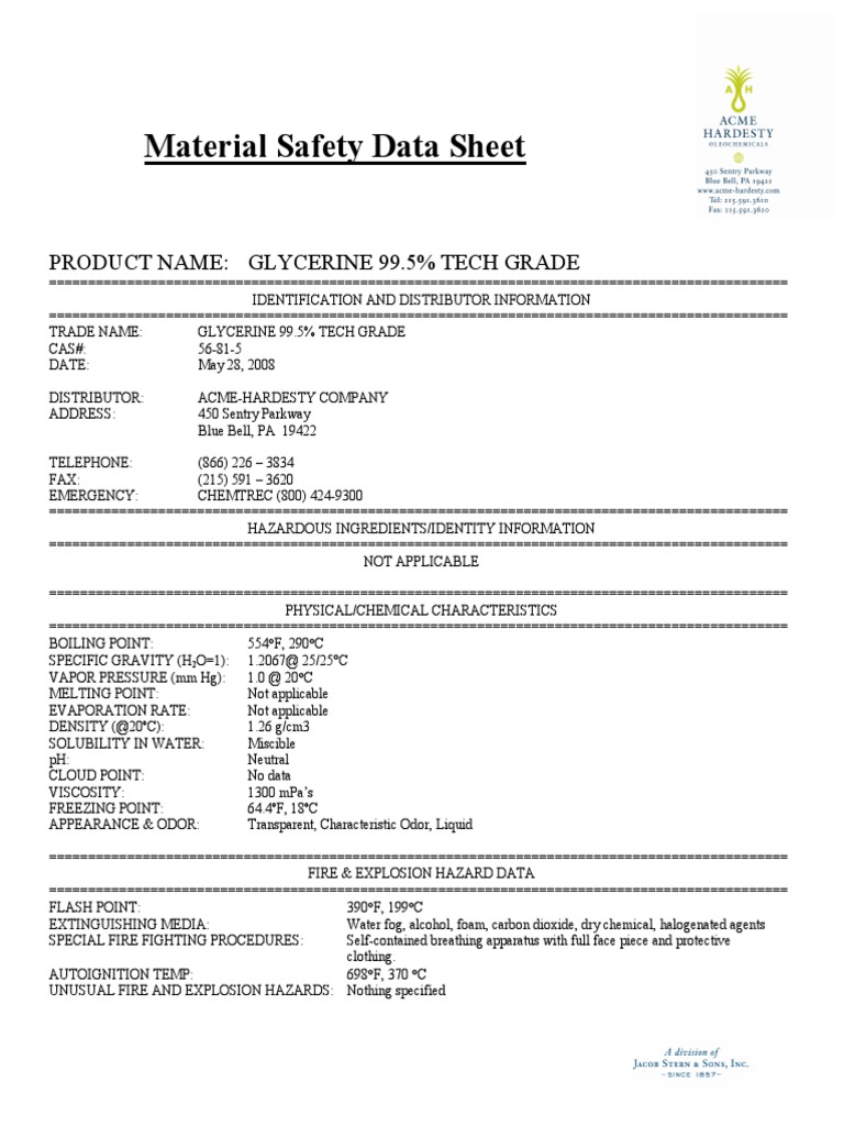 Material Safety Data Sheet: Product Name: Glycerine 99.5% Tech Grade ...