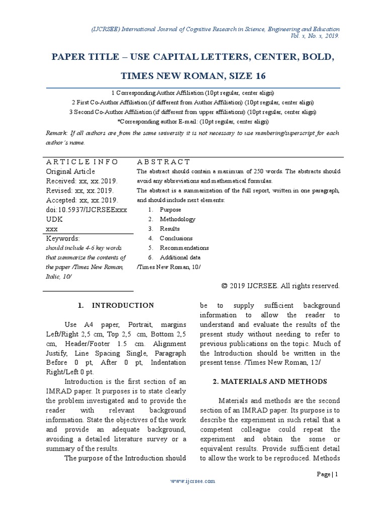 Paper Title - Use Capital Letters, Center, Bold, Times New Roman, Size ...