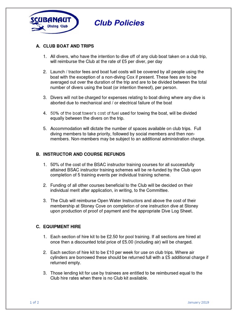 Scubanaut Club Policies - Jan 2019 | PDF | Diving | Economies