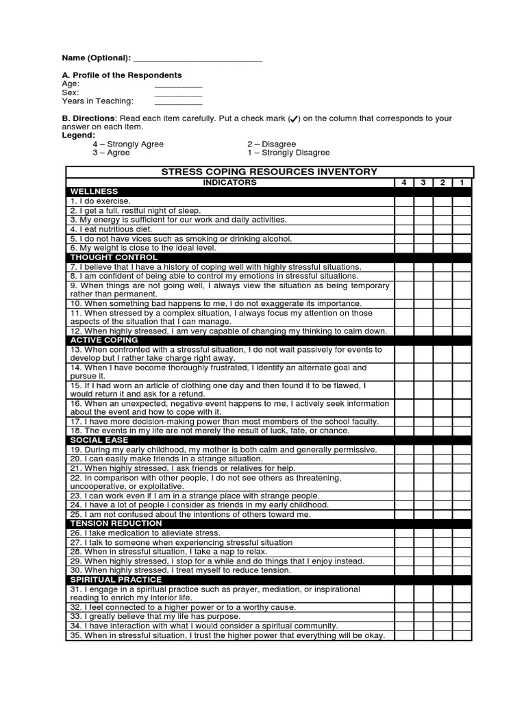 Stress Coping Survey Questionnaire | Coping (Psychology) | Stress (Biology)