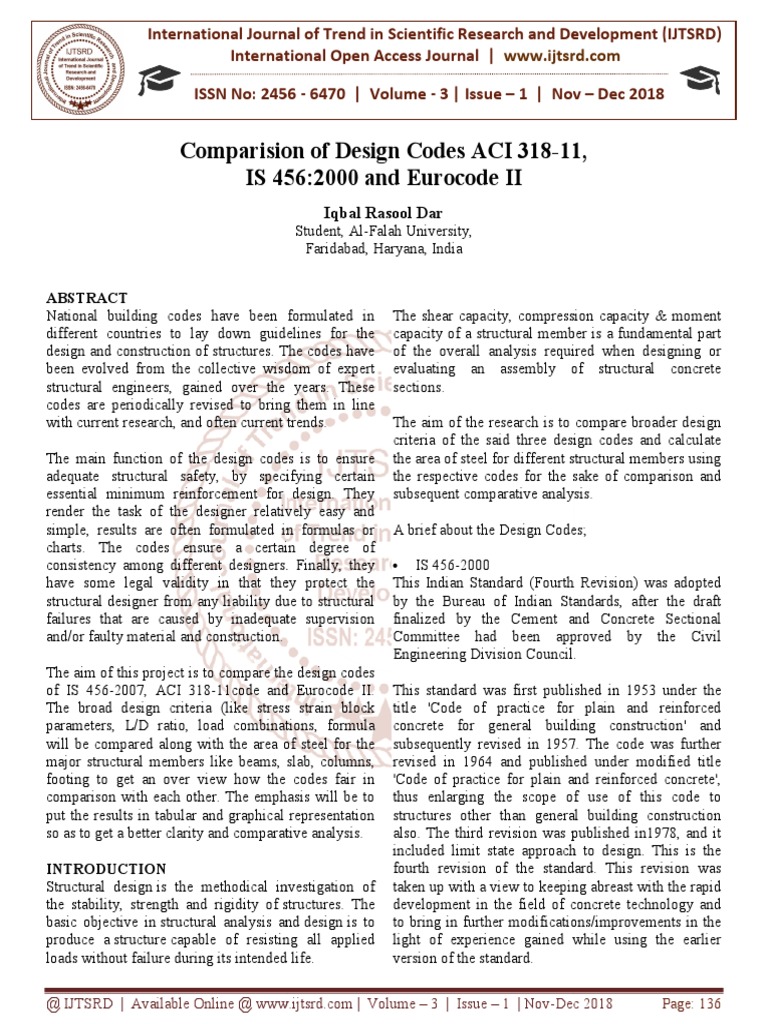 Comparision Of Design Codes Aci 318 11 Is 456 2000 And Eurocode Ii