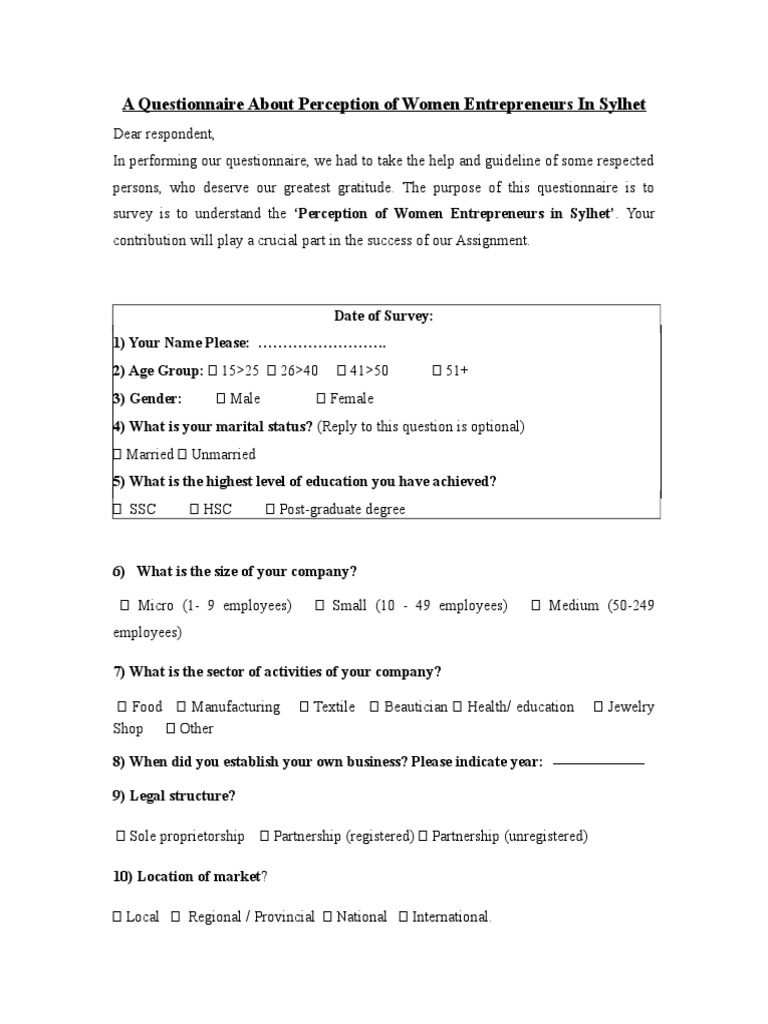 A Questionnaire About Perception of Women Entrepreneurs in Sylhet | PDF ...