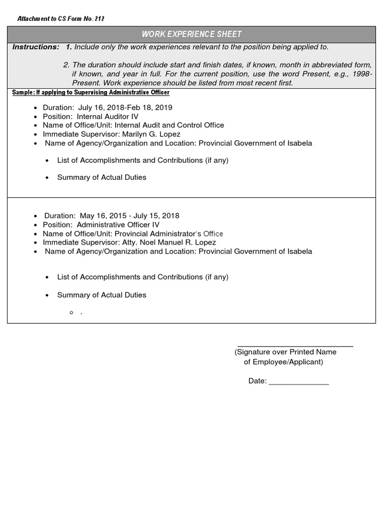 2017 CS Form No. 212 Attachment Work Experience Sheet | PDF