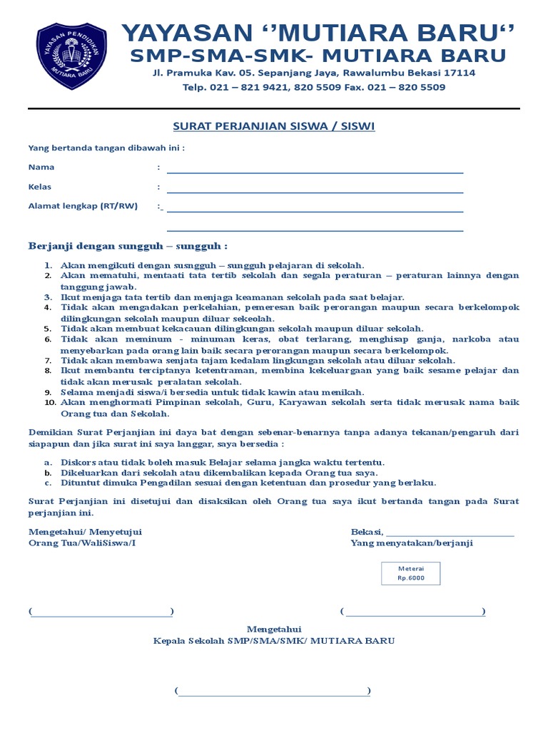 Surat Perjanjian Siswa | PDF