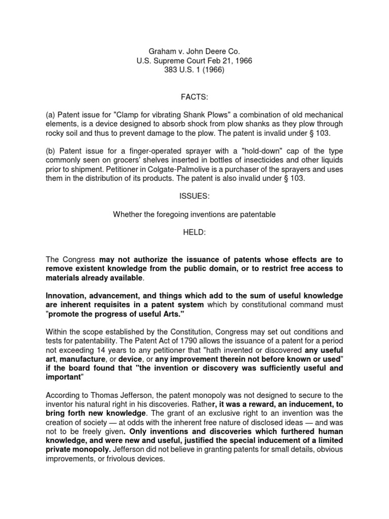 Graham Vs John Deere Digest | PDF | Patent Law | Intellectual Works