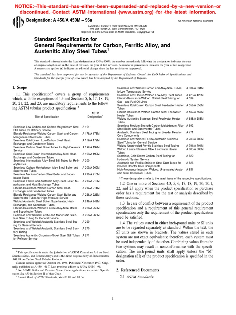 A 450 - A 450M - 96 Qtq1mc05nke | PDF | Pipe (Fluid Conveyance) | Steel