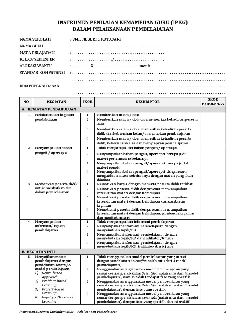 Instrumen Penilaian Kemampuan Guru (Ipkg) - k13 Version | PDF