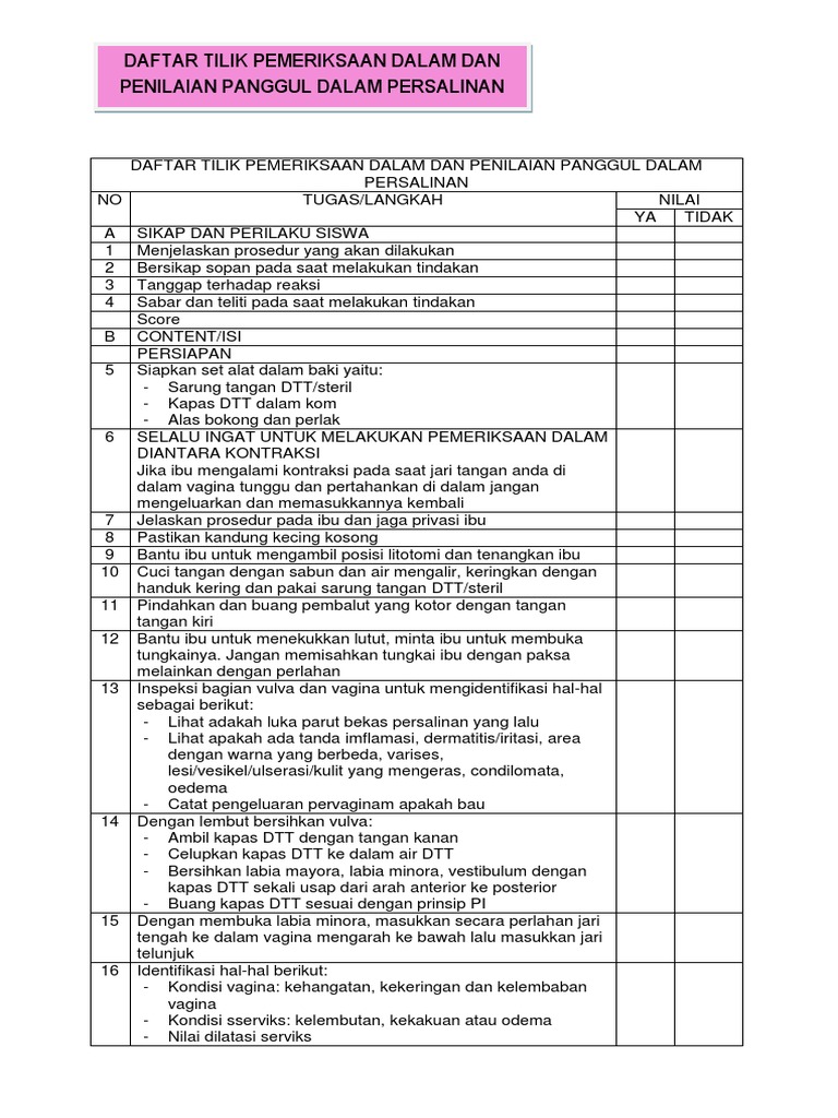Daftar Tilik Pemeriksaan Dalam Dan Penilaian Panggul Dalam Persalinan | PDF
