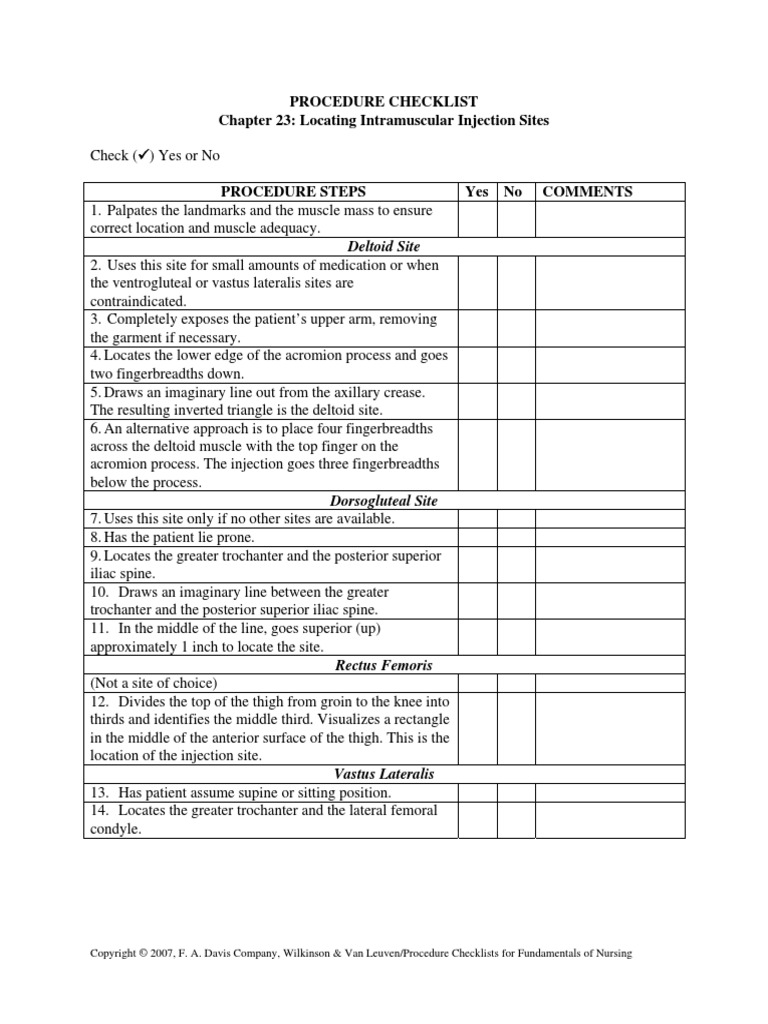 Procedure Checklist Chapter 23: Locating Intramuscular Injection Sites ...