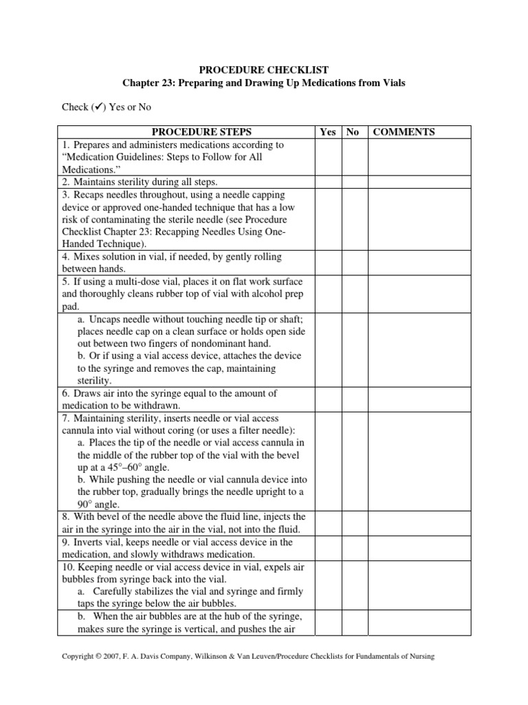 Procedure Checklist Chapter 23: Preparing and Drawing Up Medications ...