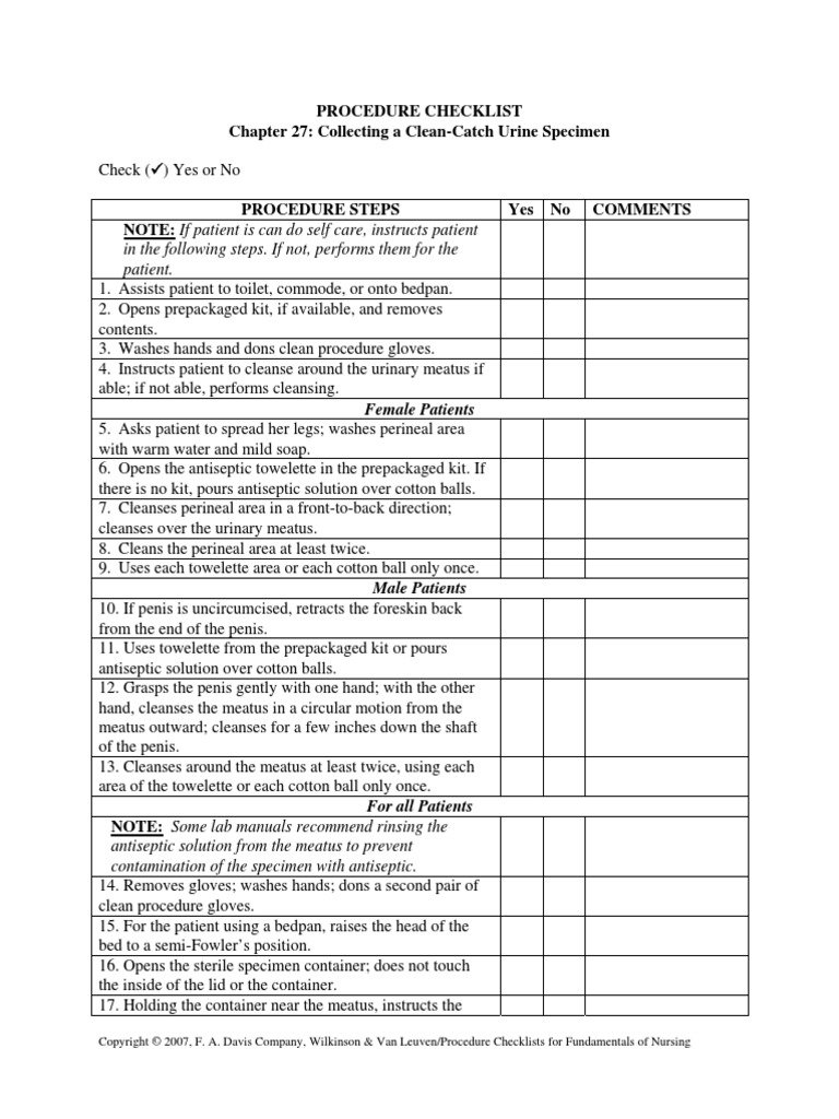 Procedure Checklist Chapter 27: Collecting A Clean-Catch Urine Specimen ...
