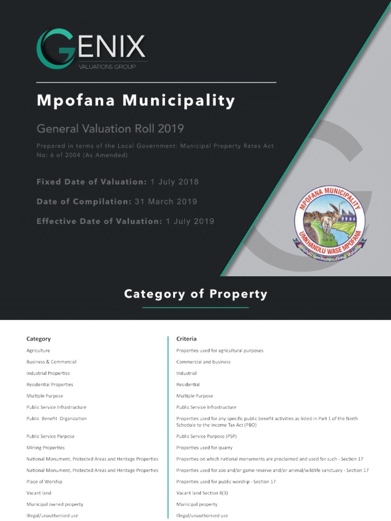 Mpofana Municipality Valuation Roll 2019 | PDF | Natural Resources Law ...