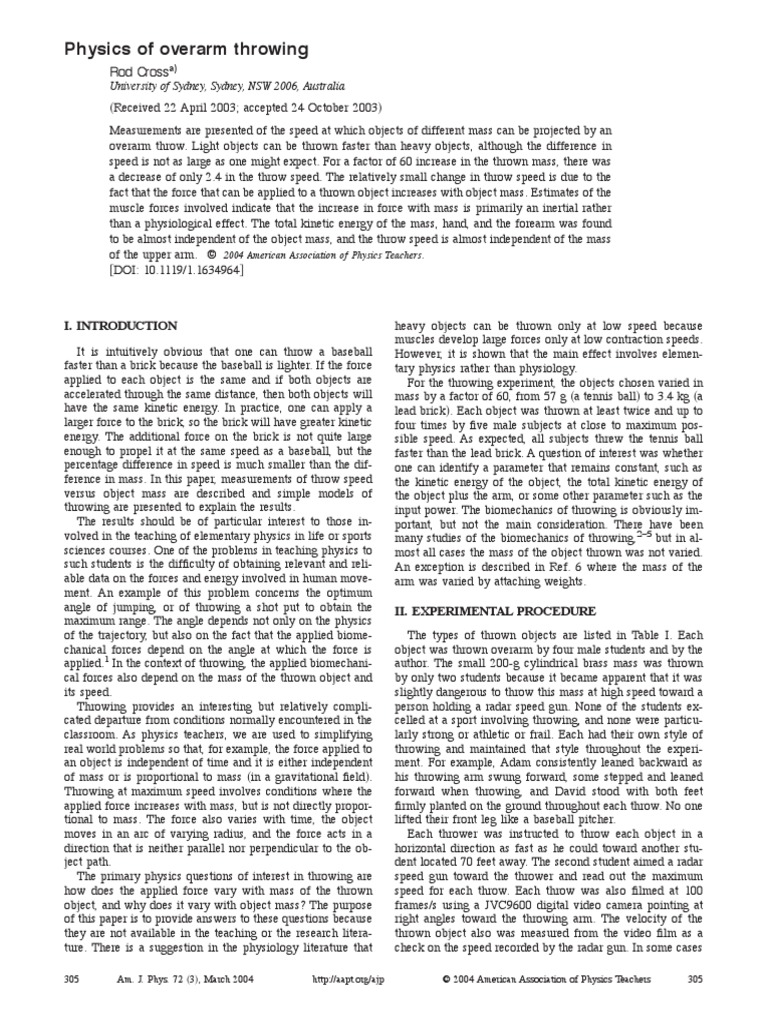 Physics of Overarm Throwing: University of Sydney, Sydney, NSW 2006 ...