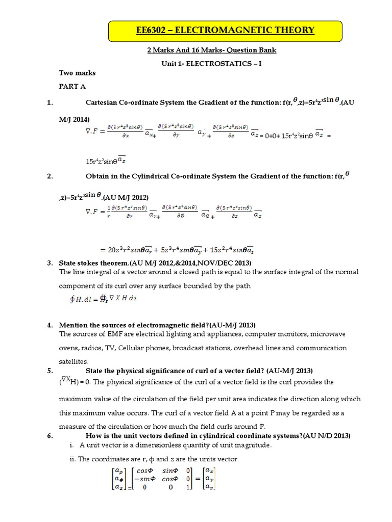 EMT 2 Marks and 16 Marks-Question Bank | PDF | Electromagnetic ...