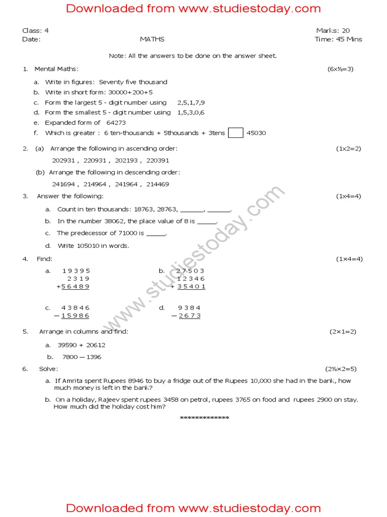 Class 4 Maths Test Paper | PDF | Teaching Mathematics | Mathematical ...