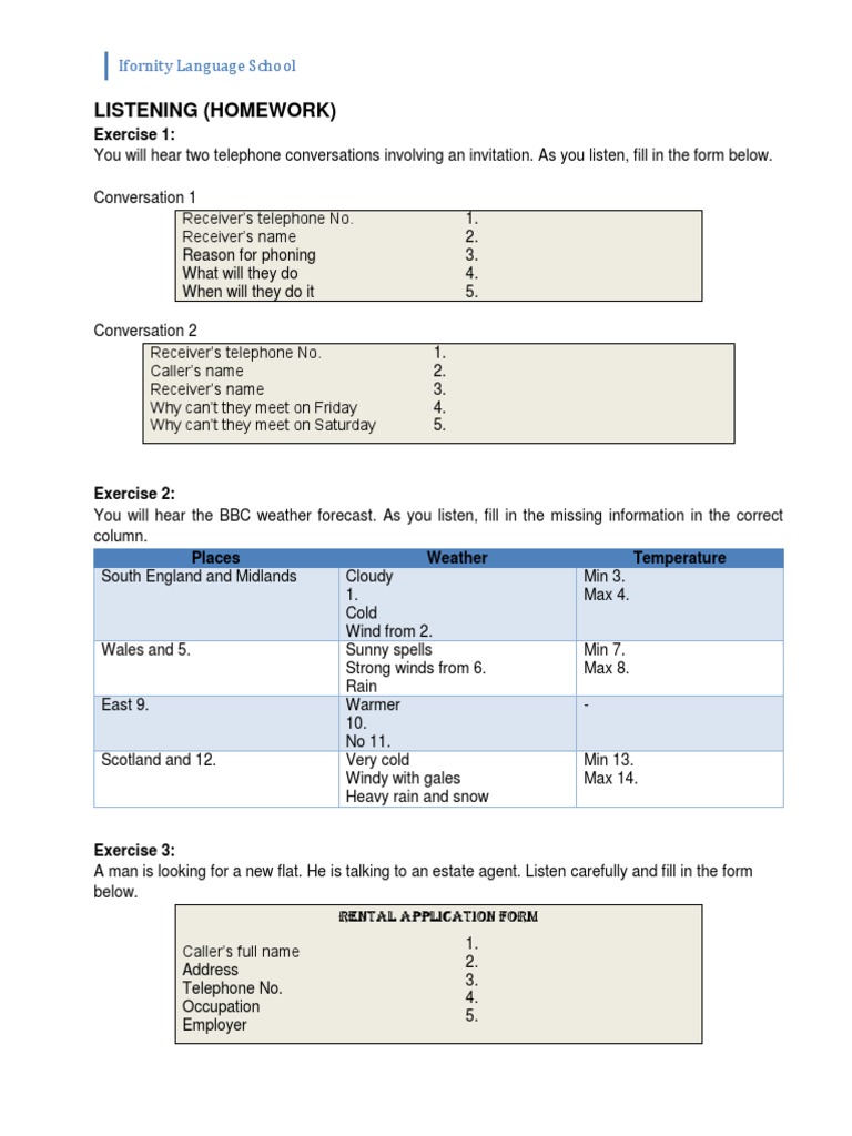 Comprehensive Listening Exercise: Fill-in-the-Blank Forms from Various ...