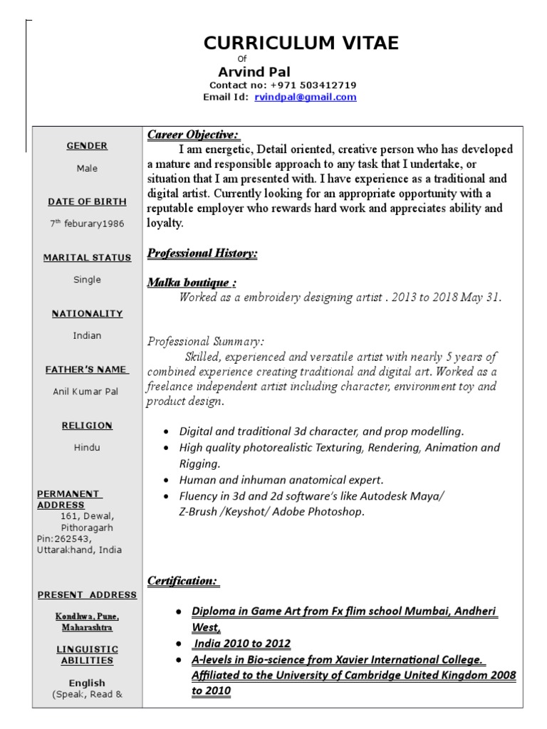Arvind Pal 3d Artist CV | PDF | 3 D Computer Graphics | Cognition