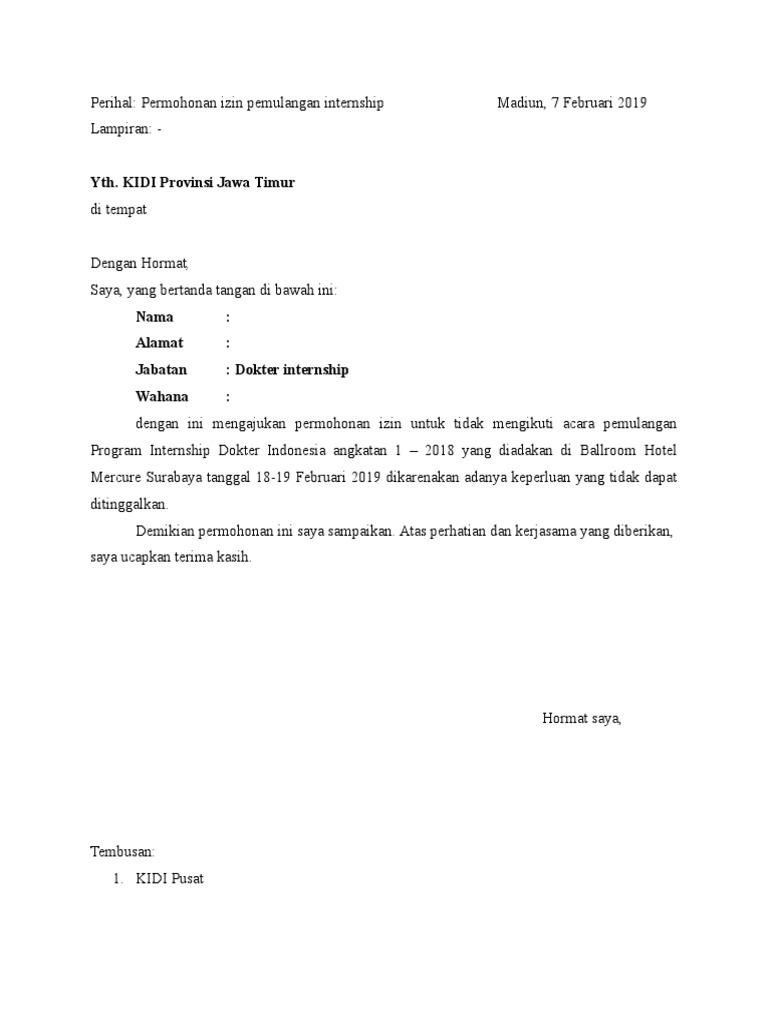 Surat Permohonan Izin Pemulangan Internship | PDF