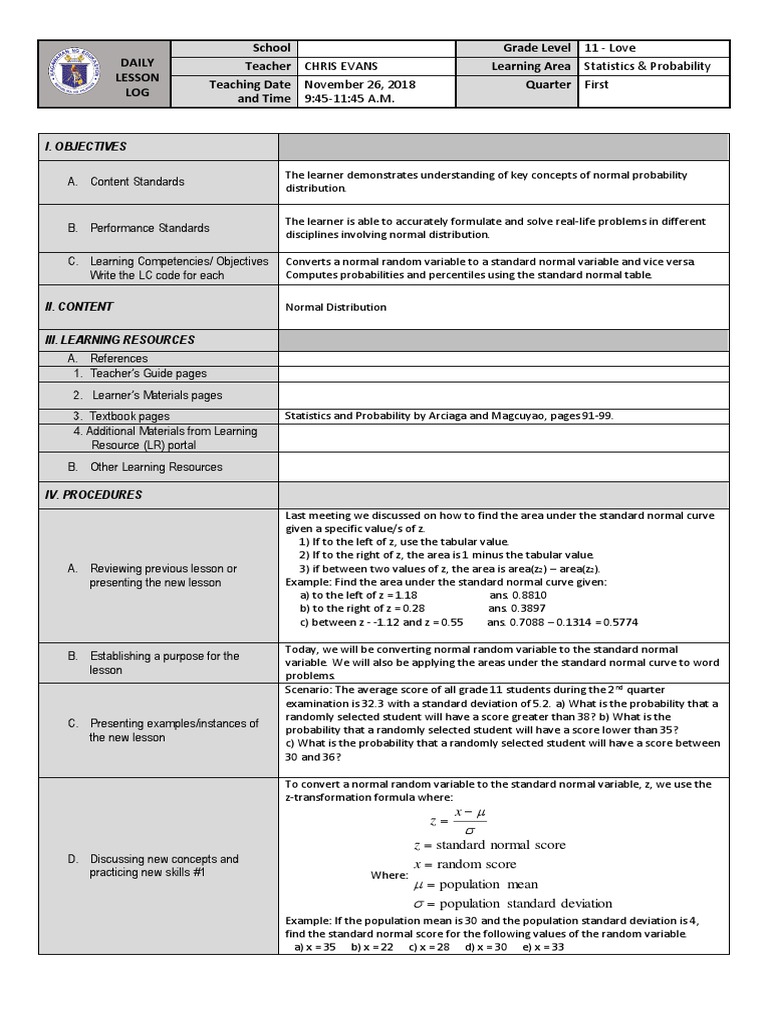 Daily Lesson LOG School Grade Level 11 - Love Teacher Chris Evans ...