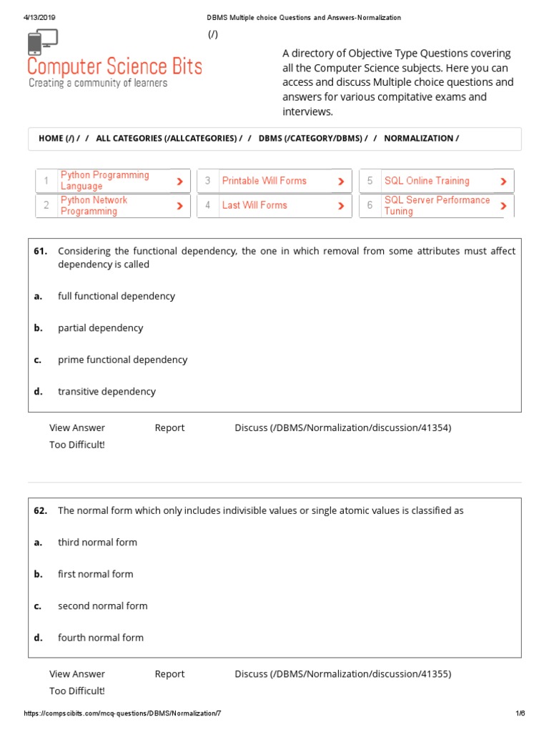 DBMS Multiple Choice Questions and Answers-Normalization66 | PDF | Databases | Data