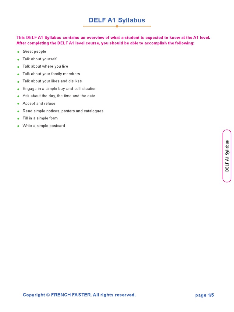 DELF A1 Syllabus | PDF | Grammatical Gender | Grammatical Number