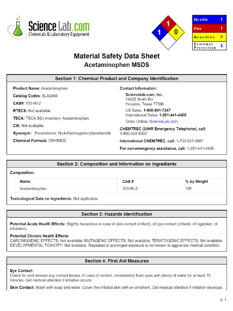 Acetaminophen Safety Data Sheet | PDF