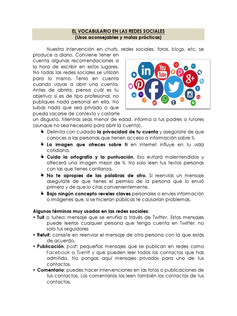 Glosario de Vocabulario en Redes Sociales | PDF | Chat en linea ...