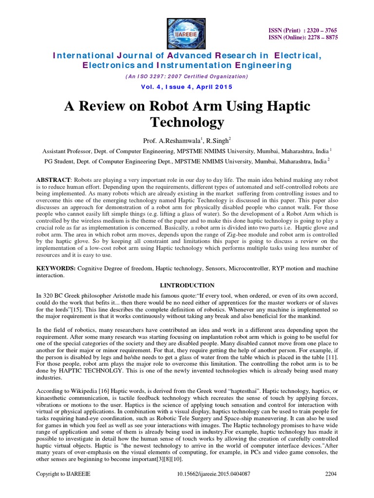 A Review On Robot Arm Using Haptic Technology | PDF | Electric Motor ...