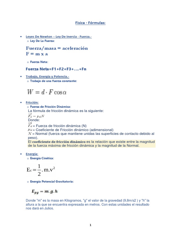 Fórmulas - Física | PDF | Fuerza | Dinámica (Mecánica)